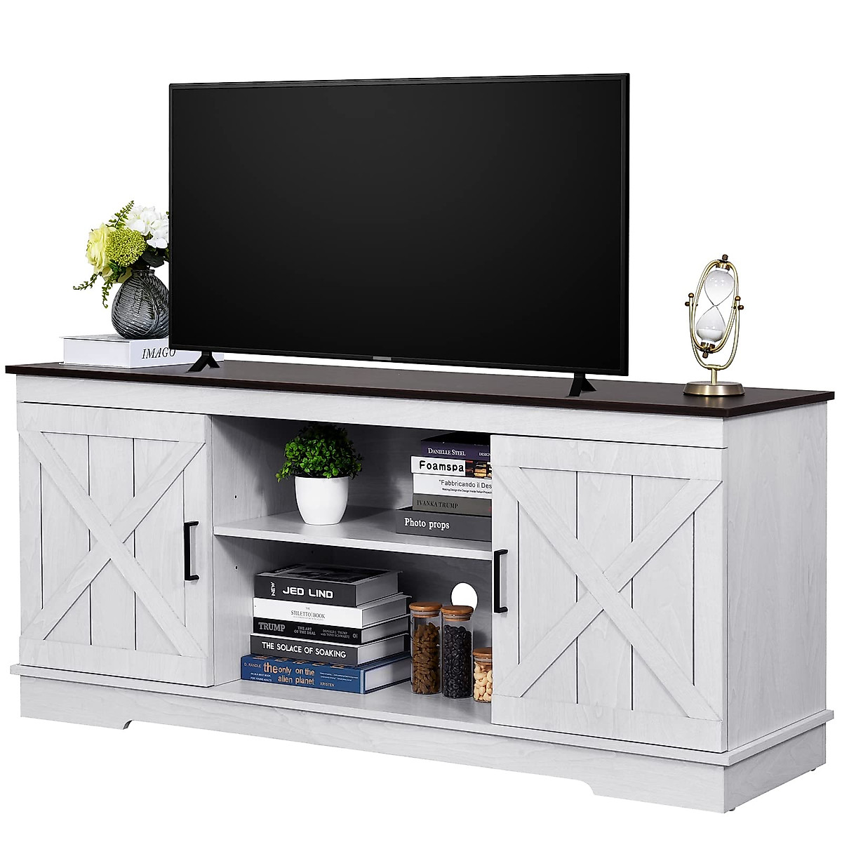 YITAHOME TV Stand for 65 Inch TV, Farmhouse Entertainment Center with Double Barn Doors and Storage Cabinets, Rustic TV Cabinet Media Console Table for Living Room, 59 Inch, Grey White/Espresso