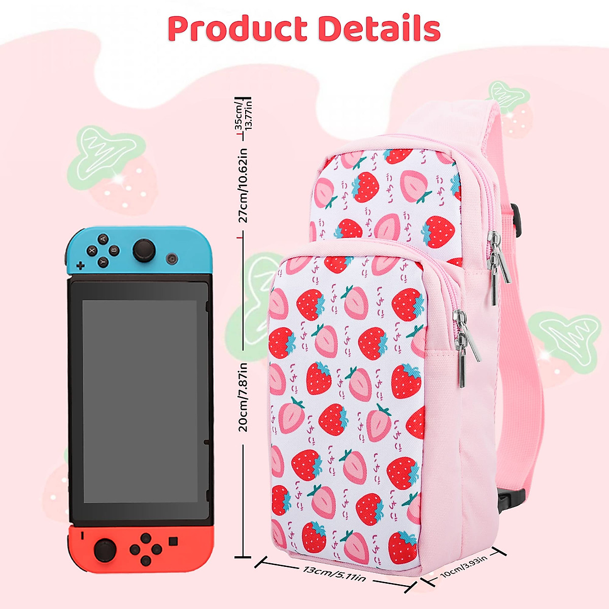 RHOTALL Pink Travel Bag for Nintendo Switch/Lite/OLED,Large Capacity Portable Carrying Case Compatible for Chest Shoulder Accessories Storage Backpack with12 Slots Game Case,Thumb Grip Caps-Strawberry