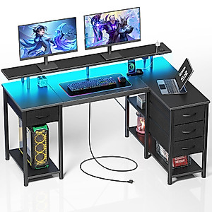 Seventable Gaming Desk with Drawers, 55.1 Inch L Shaped Desk with Storage Shelves, Small Office Desk with LED Lights & Power Outlets, Black Corner Computer Desk with Monitor Stand for Bedroom