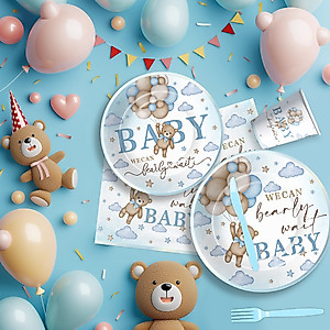 Suhelkit Bear Baby Shower Decorations Tableware - We Can Bearly Wait Baby Shower Decorations Boy, Paper Plate, Napkin, Cup, Cutlery, Tablecloth, Blue Teddy Bear Baby Shower Party Supplies | 24 Guests