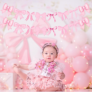 4Pcs Pink Bow Garland Banner, Pre Strung Pink Bow Banner Bow Party Decortions for Girls Bow Birthday Baby Shower Decorations, Coquette Birthday Party Coquette Bridal Shower, Bow Party Decor