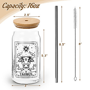Nefelibata Taurus Gift Set,Beer Can Glass with Lid Metal Straw and Cleaning Brush,Aquarius Zodiac Birthday Gifts for Women and Men,16 oz Reusable Drinking Glass Cup for Coffee Tea Wine Soda Juice