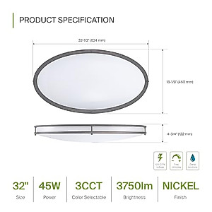 ASD LED 32 Inch Oval Flush Mount Light Fixture | 45W 3750LM 3000K-5000K 100-277V | 3CCT, Dimmable, Energy Star, ETL Listed | Close to Ceiling Double Ring Lamp, Low Profile Lighting | Nickel, 2 Pack