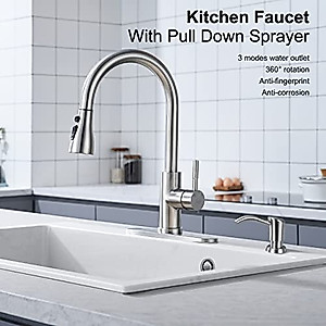 Brushed Nickel Pull Down Kitchen Faucet with Soap Dispenser - High Arc 3-Function Kitchen Sink Faucet with Pull Down Sprayer, Stainless Steel Pull Out Kitchen Faucet Single Hole Single Handle