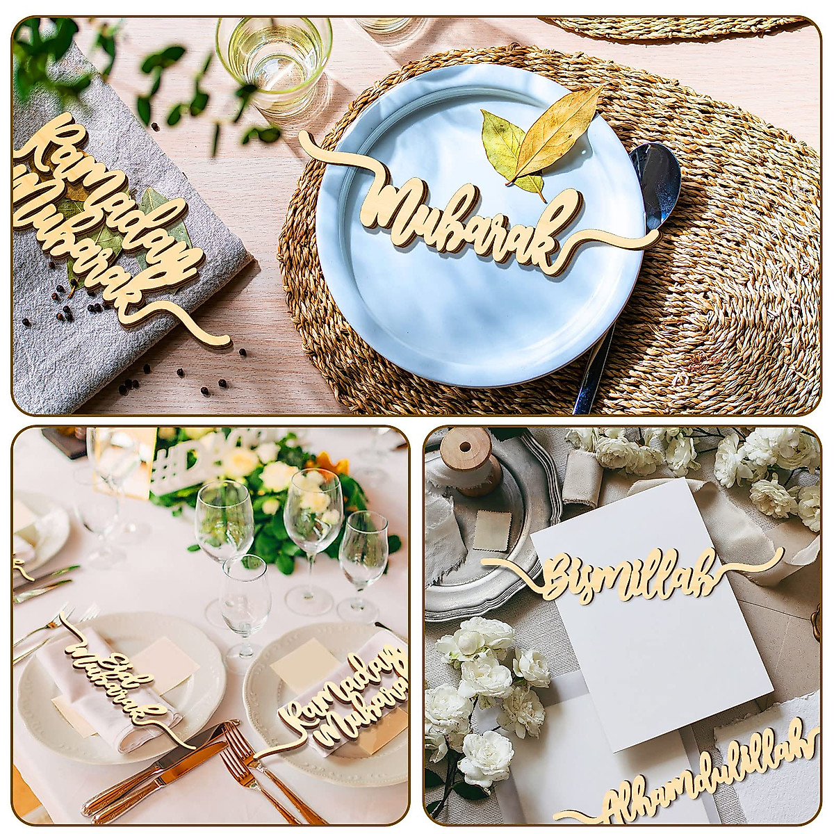 12 Pcs Ramadan Mubarak Wood Cutouts Ramadan Plate Sign Ramadan Kareem Wooden Word Cutouts Eid Mubarak Decorations for Islamic Muslim Home Table Plate Decoration (Vivid Style)