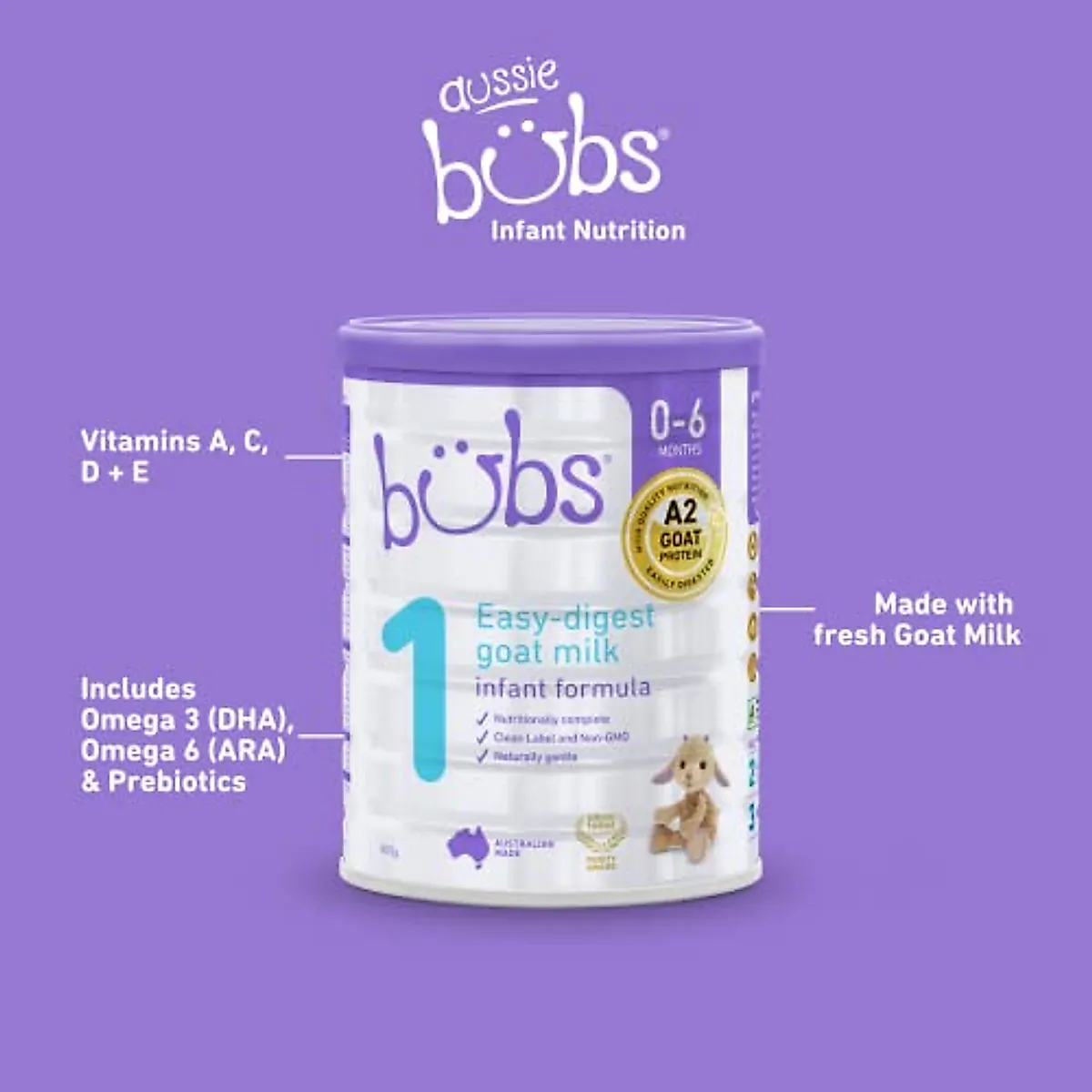 Bubs Goat Milk Infant Formula Stage 1, Infants 0-6 months, Made with Natural Goat Milk, 28.2 oz