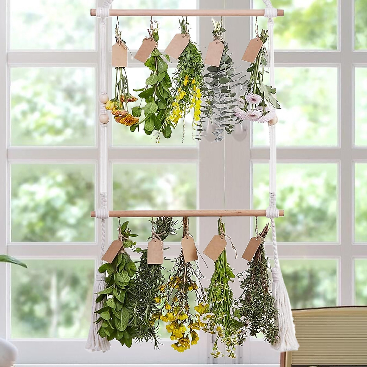 SWEETBIUTI Herb Drying Rack 2Tier Wood and Cotton Safe Hand-Woven Herb Drying Rack Hanging Adjustable Flower Drying Rack with Detachable Hooks for Herb Dryer Wall Decor.