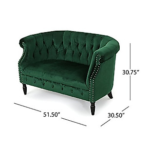Great Deal Furniture Melaina Tufted Chesterfield Velvet Loveseat with Scrolled Arms, Emerald and Dark Brown
