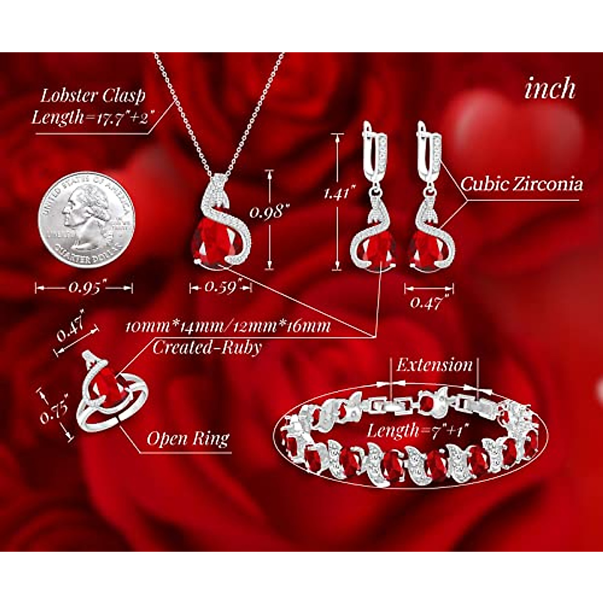 GZWHD Red Created-Ruby Jewelry Set For Woman Girl Valentine's Day Mother's Day Gift For Wife lover Friends Mom Bridesmaid July Birthstone Birthday Gift