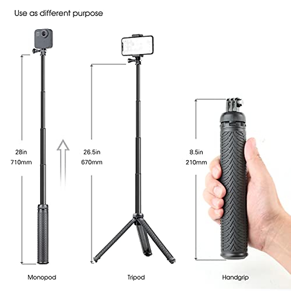 SOONSUN 3-in-1 Aluminum Telescoping Selfie Stick Waterproof Monopod Pole Handheld Grip Tripod Stand for GoPro Hero 11 10 9 8 7 6 5 4 3 2, Fusion, Max, Session, AKASO, SJCAM, DJI OSMO Action Camera