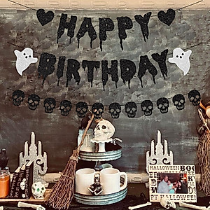 Black Glitter Halloween Birthday Banner Black Heart Skull Garland Halloween Happy Birthday Decorations for Halloween Birthday Party Decorations Theme Baby Shower Supplies