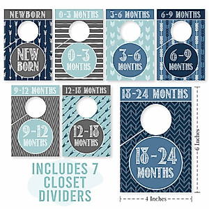 7 Blue Baby Nursery Closet Organizer Dividers For Boys Clothing, Age Size Hanger Organization For Kid, Toddler, Infant, Newborn Clothes Must Have Items, Best Shower Registry Gift Supplies, 0-24 Months
