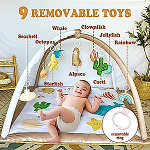 Baby Gym Play Mat with 9 Toys, PgUp Washable Baby Play Gym Marine Animals Infant Play Mat for Sensory and Motor Skill Early Development, Non-Slip Baby Activity Gym for Newborns Toddlers as Gift