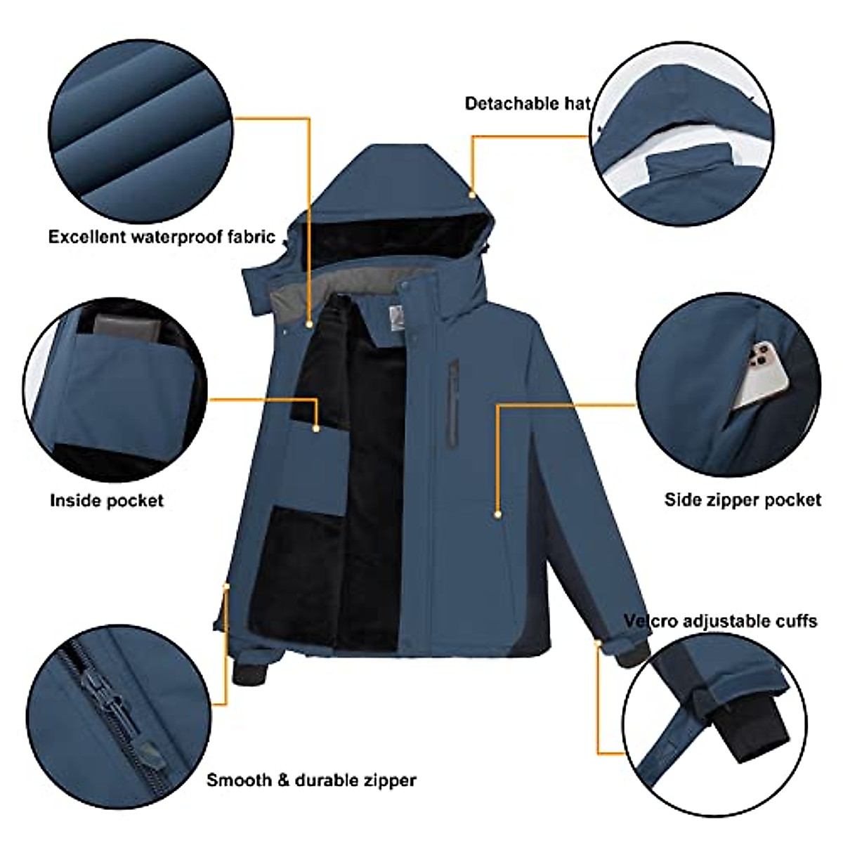 CAMEL CROWN Men's Mountain Snow Waterproof Ski Jacket Detachable Hood Windproof Fleece Parka Rain Jacket Winter Coat Gray Blue L