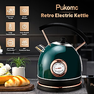 Pukomc 1.8L Electric Water Kettle with Temperature Gauge, Hot Water Boiler & Tea Heater with Curved Handle, Visible Water Level Line, Led Light, Auto Shut-Off&Boil-Dry Protection,Green