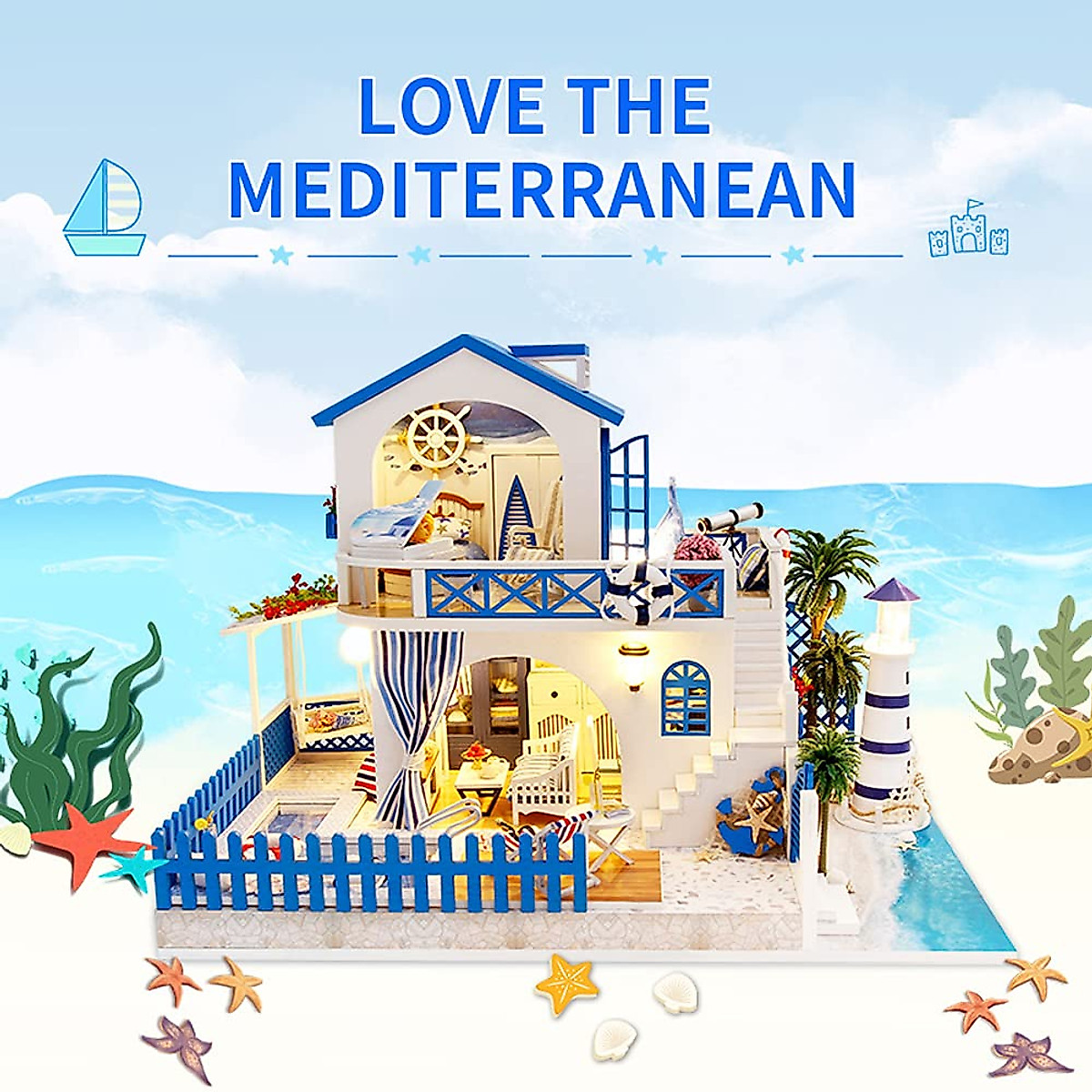 Yuzhen DIY Miniature Dollhouse Kit with Furniture and LED Lights, Modern Wooden Villa Model Includes Dustcover and Music Box, Creative Gift for Adults and Kids