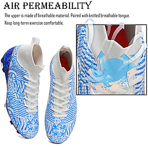WINGFAI Men's Soccer Shoes Outdoor Turf Indoor Soccer Training Sneaker Professional High-Top Athletic Football Boots Breathable Cleats White Blue 11 US