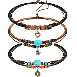 3 Pcs Western Layered Boho Wood Beads Choker Necklace Adjustable Vintage Leather Necklace Bead Choker Boho Jewelry for Women