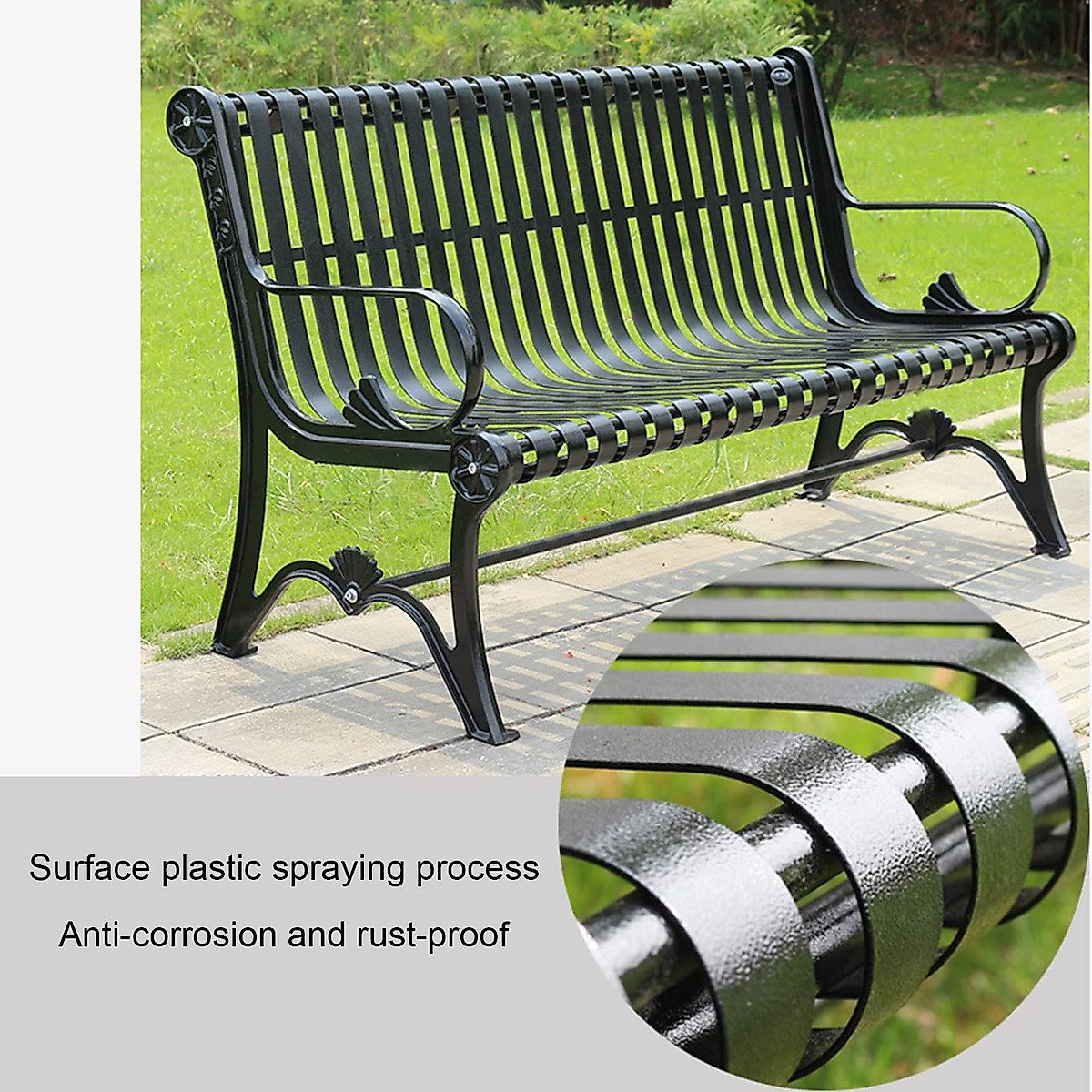 TVDPI Cast Iron Benches for Outside, Outdoor Patio Bench, Outdoor Benches Weatherproof, Black Steel Cast Iron Frame Chair, Garden Bench Clearance for Yard, Porch, Park