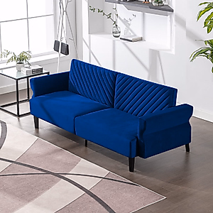 CECER 78''Futon Sofa with Ajustable Armrest, 3 Seat Convertible Sofa Bed Couch with Modern Design for Living Room,Apartment(Dark Blue)