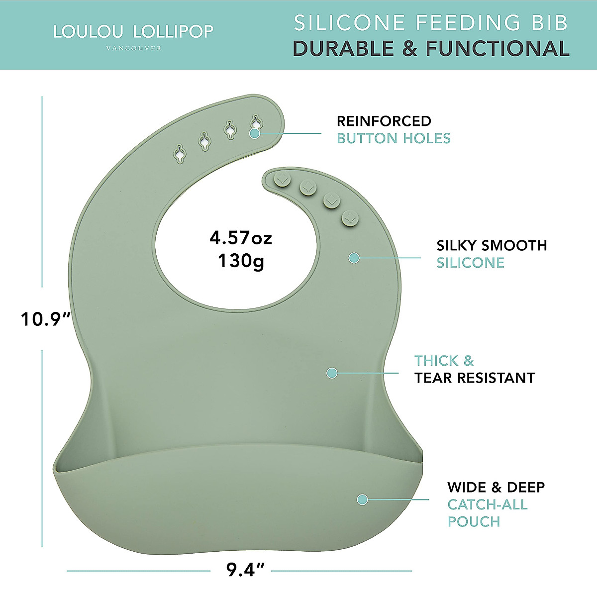 Loulou Lollipop Waterproof Baby Silicone Feeding Bib - Silver Sage