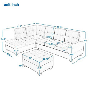 Evedy Modern Sectional Sofa,L-Shaped Couch with Two Cup Holders&Storage Ottoman,3-Seaters Sofa with Extra Wide Reversible Chaise,Upholstered Sofas for Living Room Large Space Dorm Apartment