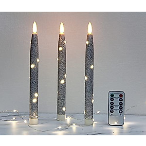 CFDECOR Flameless Glitter Taper Candles with Embedded String Lights, Battery Operated Candle with Timer & Remote, LED Tapered Dinner Candle. for Xmas, Dining, Wedding Décor,Set of 3 (Silver) H: 10"