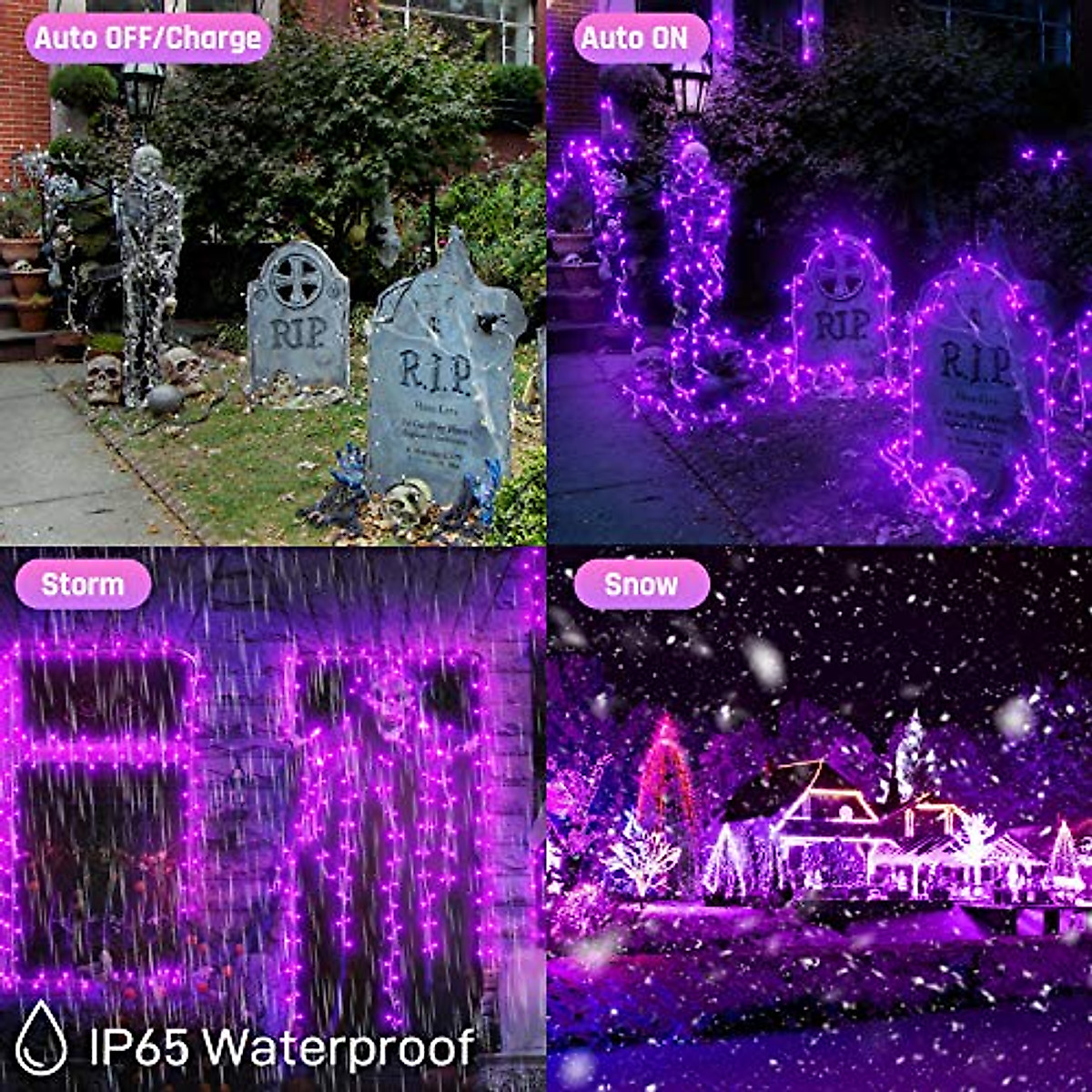 Solar String Lights Outdoor Waterproof 8 Modes 200 LED 72ft Solar Fairy Lights Outdoor for Patio Garden Fence Path Holiday Party Halloween St. Patrick's Day Christmas Decorations (Purple-2 Pack)