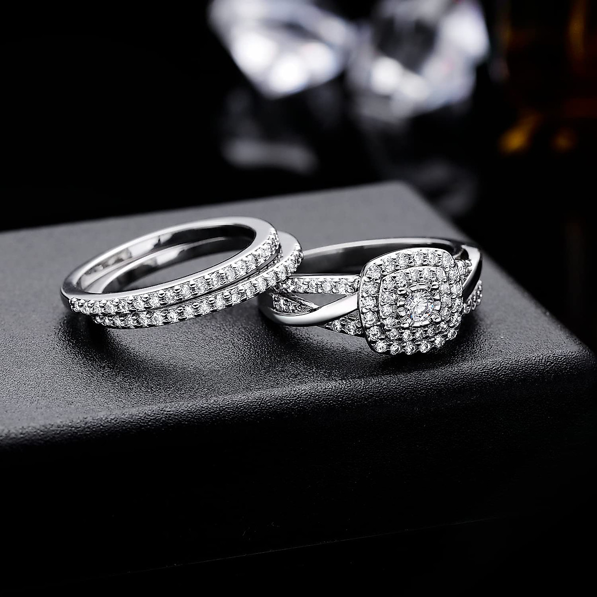 MDFUN Three-in-One ring set Square Halo Wedding Band Set Engagement Ring 18K White Gold Plated Cubic Zirconia Promise ring Eternity Ring for Women Size 8