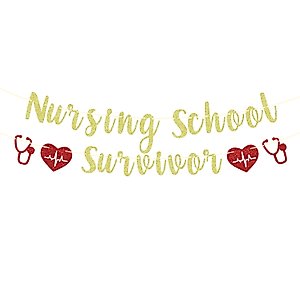 Gold Glitter Nursing School Survivor Banner, Class of 2025 RN/Earned It/Nurse Call The Shots, 2025 Nursing School Graduation Party Decorations Supplies