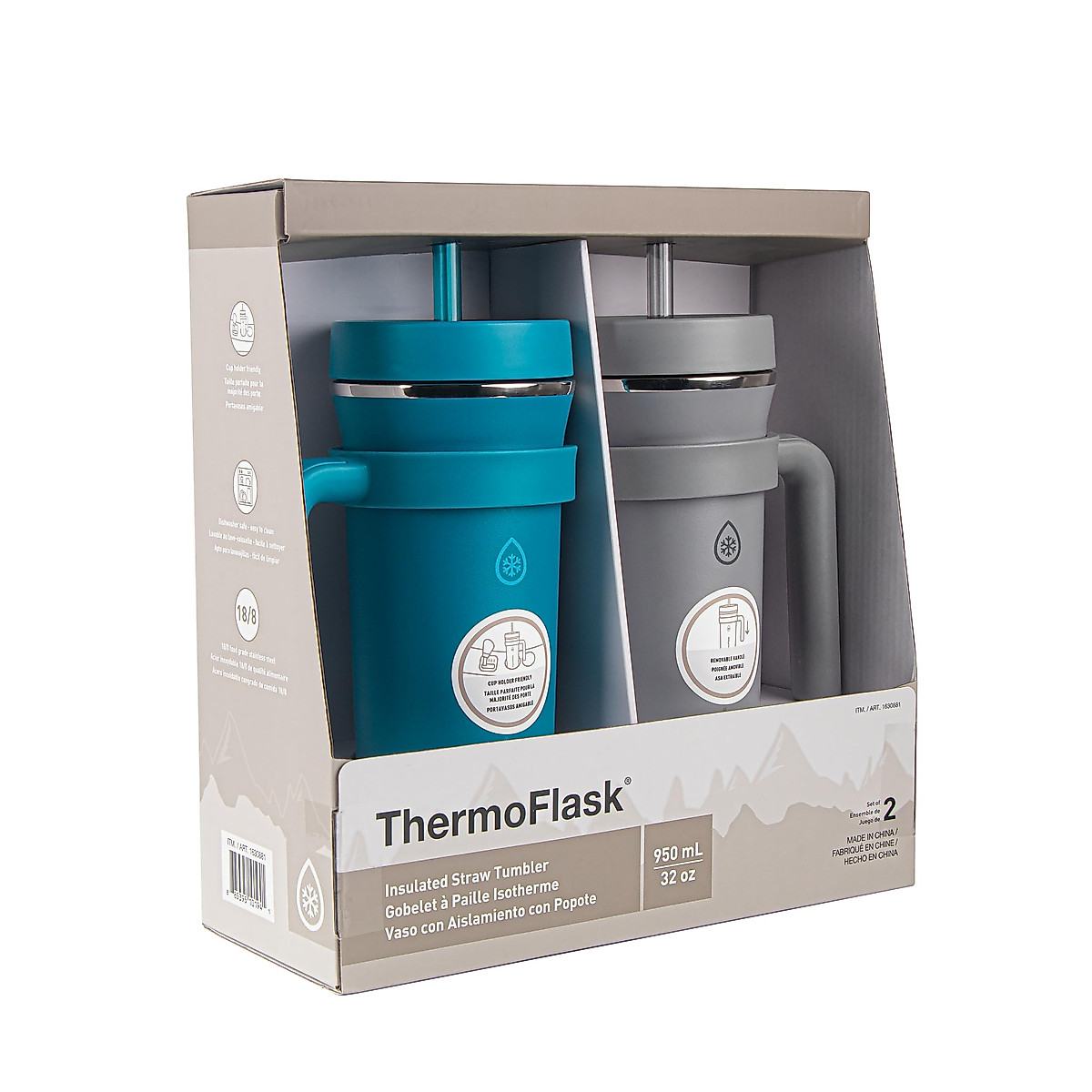 ThermoFlask Premium Quality Double Wall Insulated Stainless Steel Tumbler with Handle and Straw Lid, 32 Ounce, 2-Pack, Crystal Teal/Circular Grey