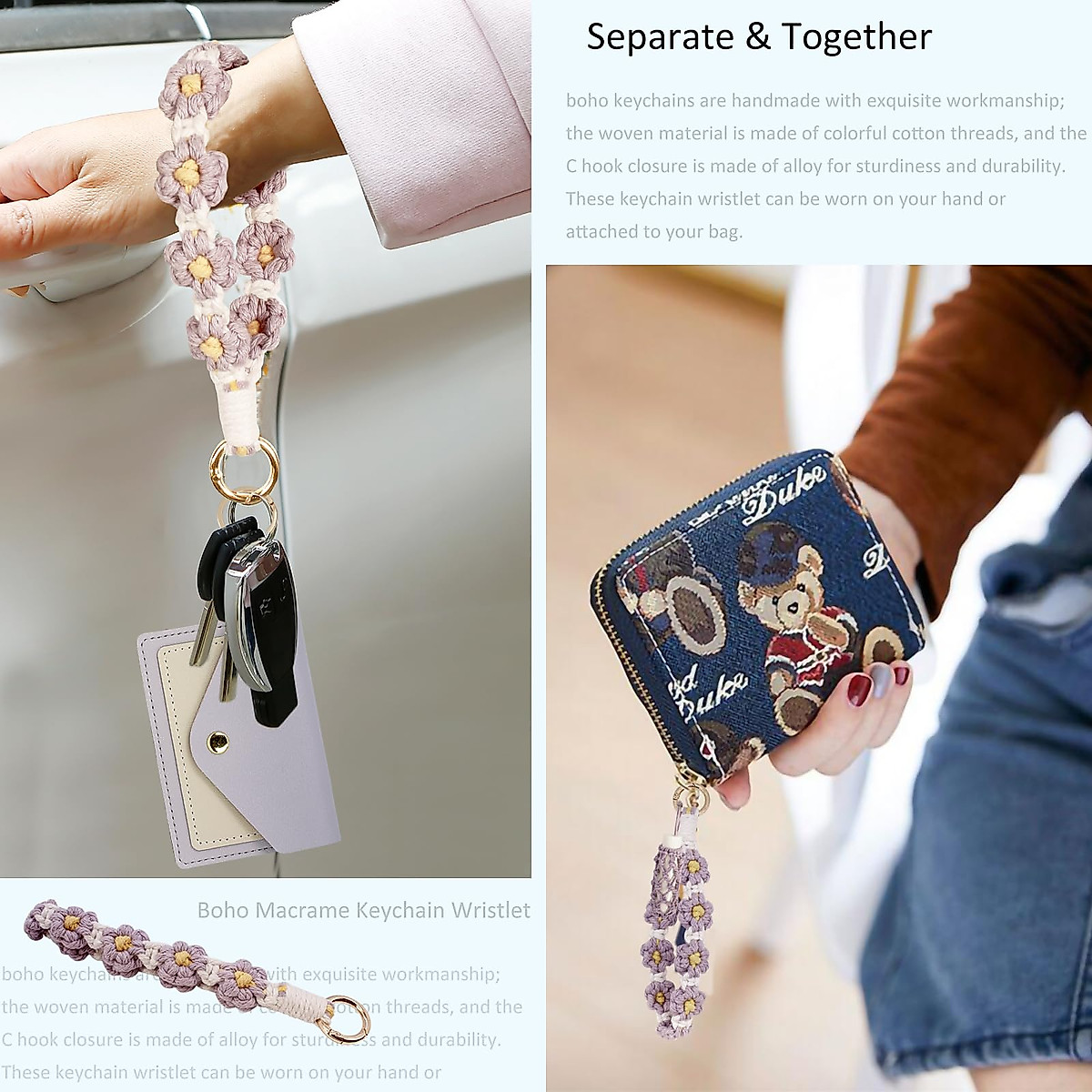 BIHRTC Boho Macrame Keychain Multicolor Daisy Bracelet Wrist Lanyard with Wallet Lipstick Holder Handmade Durable Floral Lanyard Car Key Keyring Wrist Key Chain for Women Girls