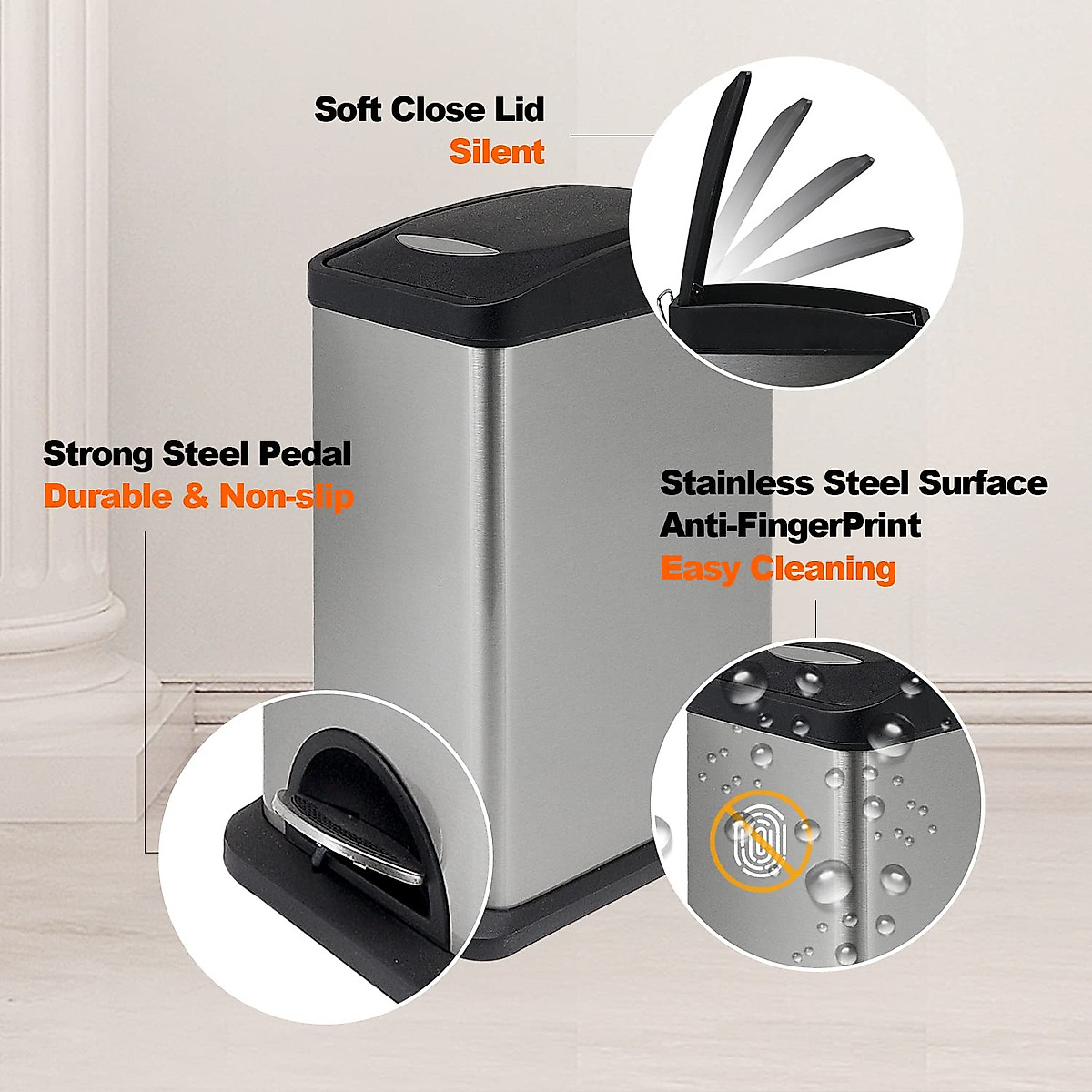 Hompus 2.1Gal/8L Stainless Steel Trash Can with Lid Soft Close, Removable Inner Waste Basket, Slim Small Garbage Can for Bathroom Bedroom Office, Rectangular Step Trash Bin, Anti-Fingerprint Finish