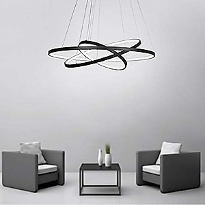 UNITARY Brand Modern Black Acrylic Remote Control Nature White and Warm White Dimmable LED 3 Rings Dining Room Kitchen Pendant Light Max 90W Painted Finish