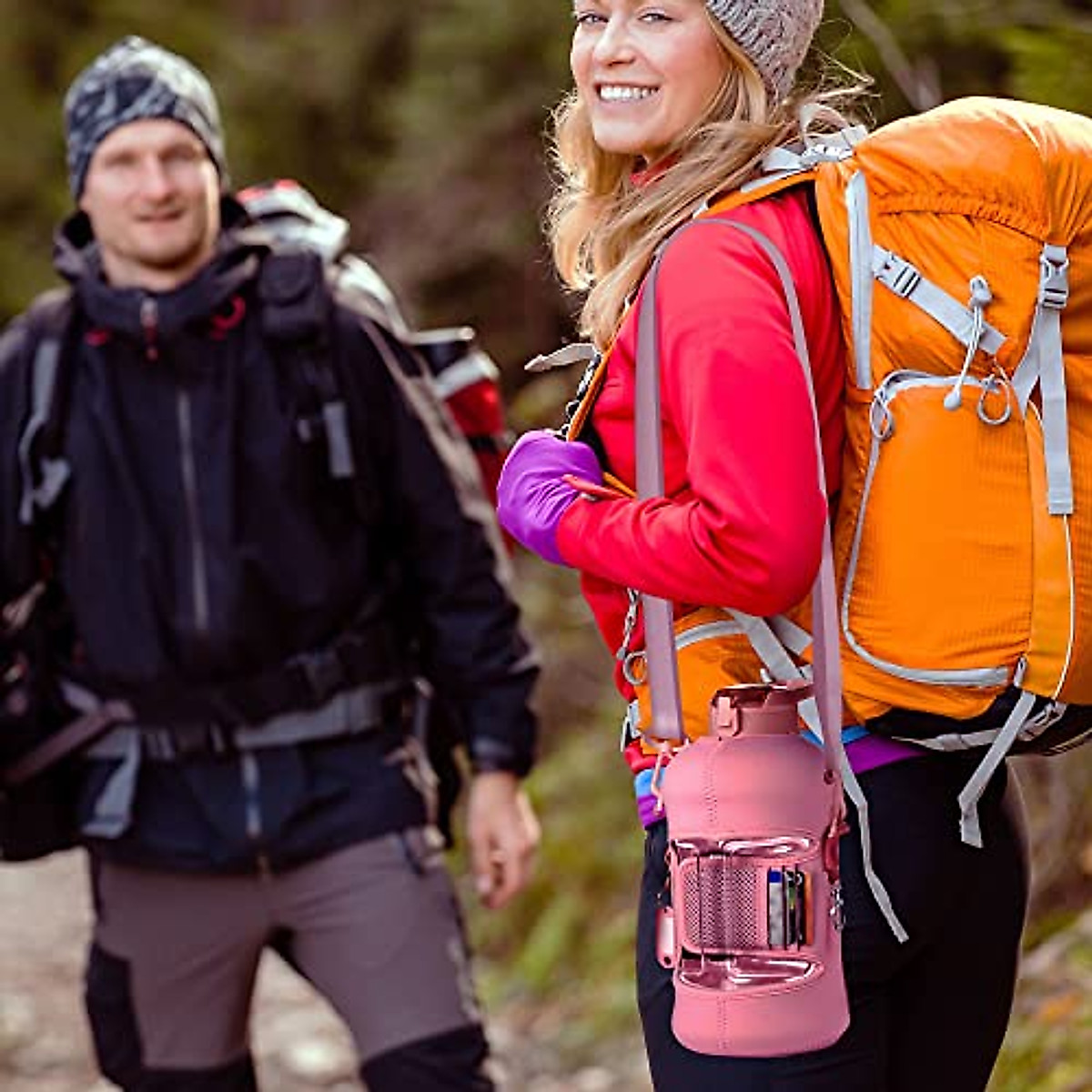 Half Gallon 2.2L Water Bottle With Straw 74oz Large Gym Water Bottle With Storage Sleeve, Bottle Brush, BuiltIn Wallet, Pockets for Phone & AirPod, BPA Free Big Sports Water Jug w/Carry Handle, Pink