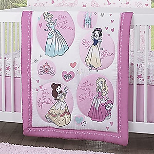 Disney Princess - Dare to Dream Pink and White, Castle, Hearts and Stars 3 Piece Nursery Crib Bedding Set - Comforter, Fitted Crib Sheet, and Crib Skirt