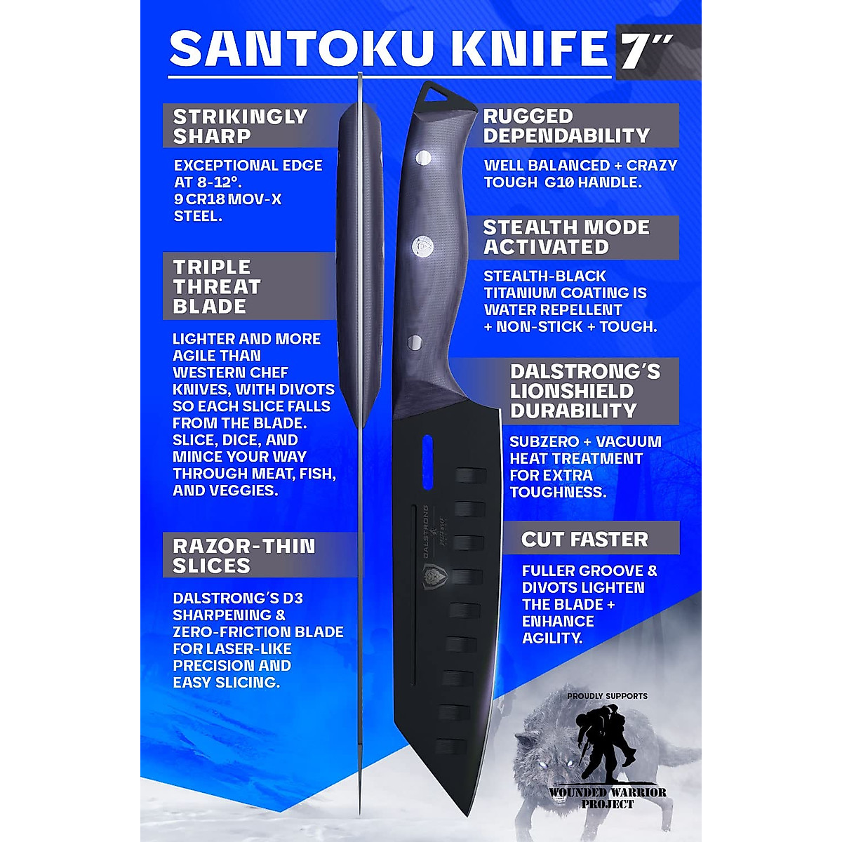 Dalstrong Santoku Knife - 7 inch - Delta Wolf Series - Ultra-Thin & Zero Friction Blade - Black Titanium Nitride Coating Vegetable Kitchen Knife - G10 Camo Handle - Leather Sheath