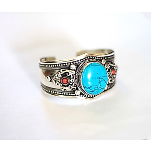 Boho Blue Stabilized Turquoise & Red Coral Adjustable Cuff Bracelet | Unique Jewelry from Nepal