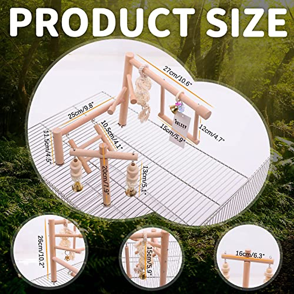 QBLEEV Bird Cage Play Stand Toy Set-Birdcage Wood Stands Hanging Chew Toys Ladder Swing Parrot Perch Play Gym Playground Accessories Activity Center for Conure, Parakeets, Budgie, Cockatiels,Lovebirds