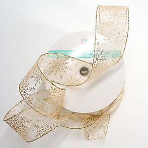 CT CRAFT LLC Organza with Champagne Gold Glitter Snowflakes Wired Ribbon 2.5 inch x 50 Yards for Christmas Home Decor Tree Topper Bow Gift Wrapping DIY Crafts Wreath Garland Wedding