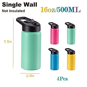 Kids Water Bottle with Straw Lid & Handle, 4 Pack 16oz Personalized Water Bottles Bulk, Dishwasher Safe, Leak Proof DIY Gift for Girls Boys to School Sports Travel Gym Running Hiking, Mixed Color Set