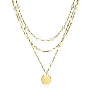 Rotnso Gold Layered Necklace for Women 14K Gold Plated Dainty Necklace Set Disc Coin Pendant Pearl Bead Choker Simple Long Layering Stacked Gold Chain Necklaces Trendy Jewelry Gifts