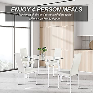 Bonnlo 5 Pieces Dining Table Set,Modern White Dining Room Table Set for 4,Small Kitchen Table and Chairs Set for 4,Glass Dinner Table Set with PU Leather Metal Frame Chairs,Clear&White
