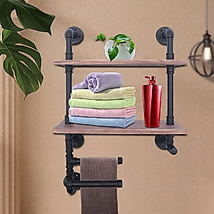 VPABES 2-Shelf Wall Floating Shelf Unit, Rustic Industrial Pipe Wooden Storage Shelving Bathroom Shelves Wall Mounted with 2 Towel Bars Hanging Shelf for Living Room, Bathroom, Bedroom