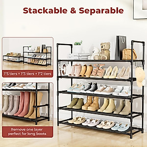 VTRIN 5 Tier Shoe Rack for Closet Shoe Organizer Storage 20-25 Pair Shoe and Boot Long Shoe Shelf with Hook Space Saver Free Standing Shoe Rack Organizer for Front Door Entryway, Small Spaces