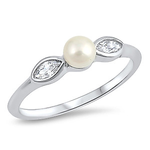 White CZ Simulated Pearl Fashion Ring New .925 Sterling Silver Band Size 9
