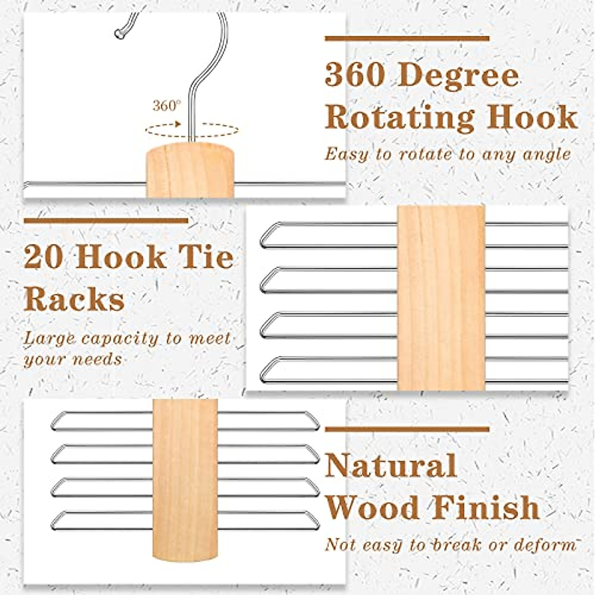 Yalikop Wooden Necktie and Belt Hanger 4 Pack Natural Finish Wood Center Organizer Tie Rack with Non-Slip Clips 20 Hooks 360 Degree Swivel Space Saving for Men Closet