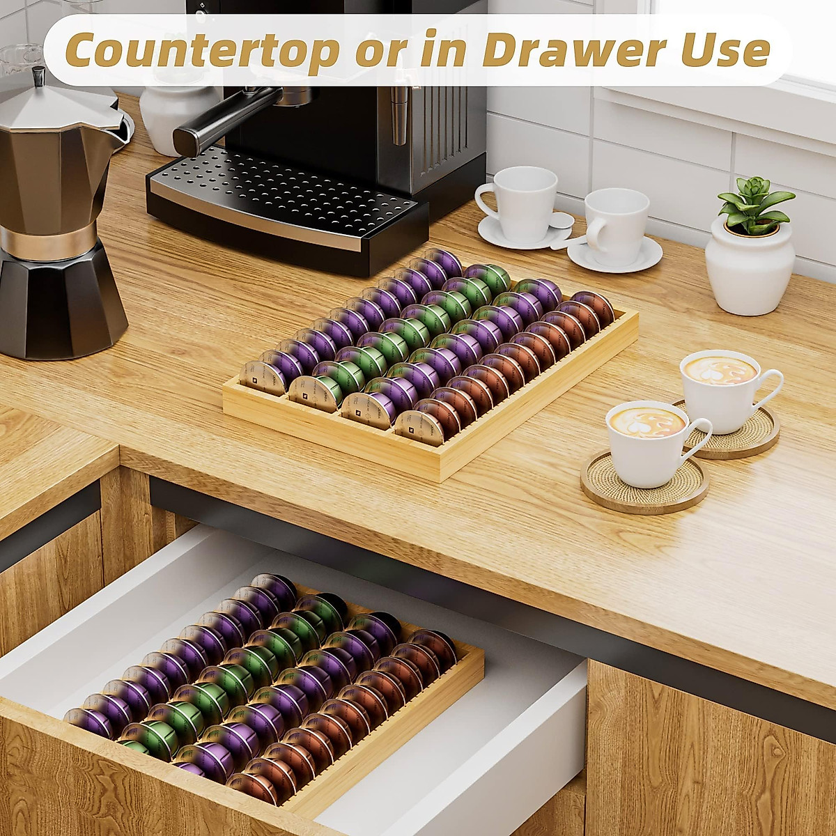 MinBoo Bamboo Coffee Pod Storage Holder Drawer Insert for Counter Compatible Nespresso Vertuo Vertuoline Capsules for Kitchen, Home, Office, Coffee Station