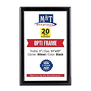 M&T Displays Opti Snap Poster Frame 11x17 Inch Black 1" Aluminum Profile Front Loading Wall Mounting Photo Picture Document Certificate Sign Holder Mitered Corner Anti Glare Cover (20 pack)