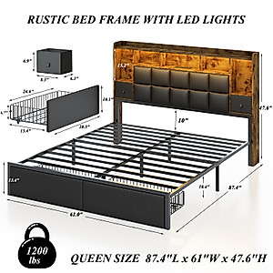 TIGUBFRE LED Bed Frame Queen Size with 2 Hidden Storage Drawers & Bookcase, PU Leather Headboard, Upholstered Platform Bed with Charging Station, Metal Slats Support, Noise Free, No Box Spring Needed
